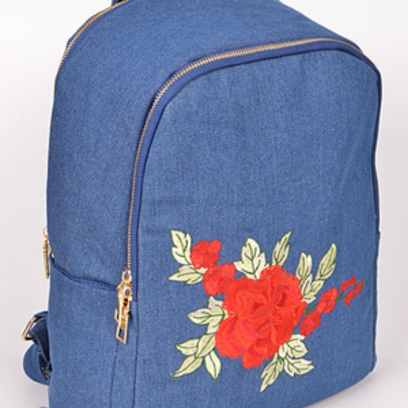 Bags | Real Red Rose Embroidery Denim Backpack | Poshmark